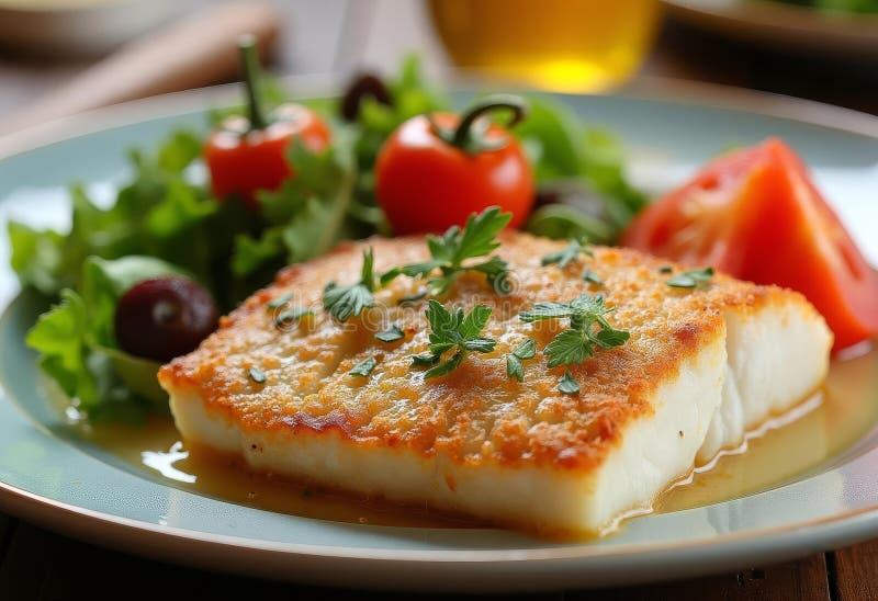 Fish Dish - Fried Cod Fillet with Asparagus on Wooden Table Stock ...