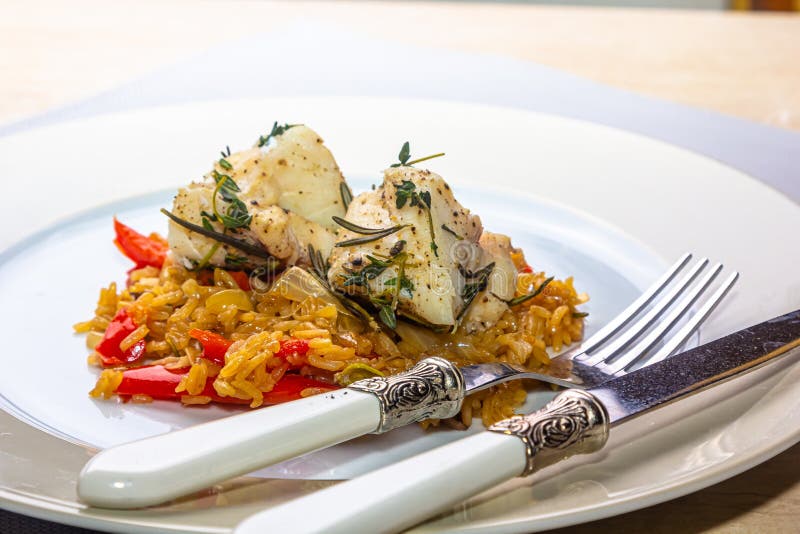 Fish Dish - Fried Cod Fillet with Boiled White Rice and Fresh Fruit ...