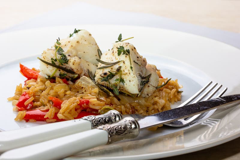 Fish Dish - Fried Cod Fillet with Boiled White Rice and Fresh Fruit ...