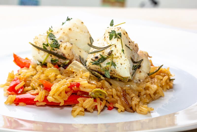 Fish Dish - Fried Cod Fillet with Boiled White Rice and Fresh Fruit ...