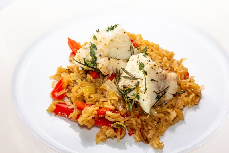 Fish Dish - Fried Cod Fillet with Boiled White Rice and Fresh Fruit ...