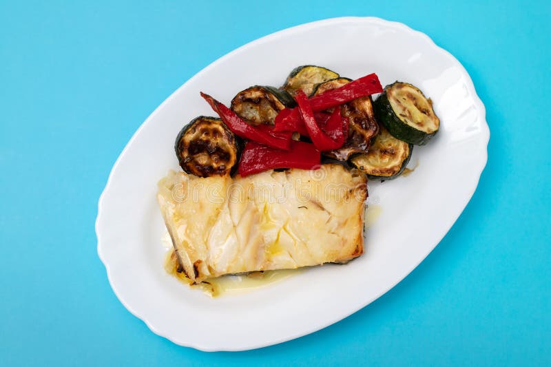 Fish Dish - Fried Cod Fish with Grilled Vegetables in Plate Stock Photo ...