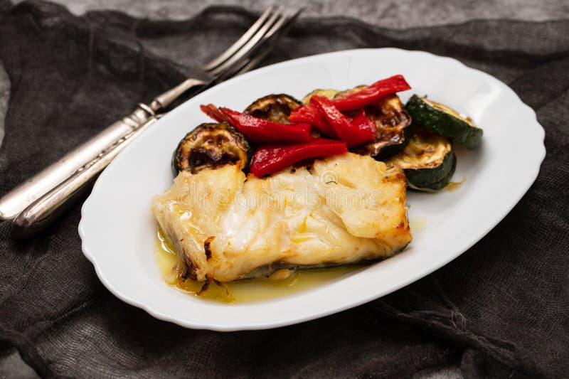 Fish Dish - Fried Cod Fish with Grilled Vegetables in Plate Stock Photo ...