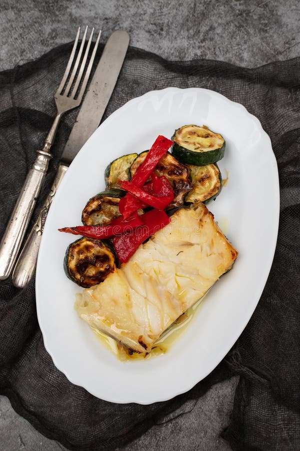 Fish Dish - Fried Cod Fish with Grilled Vegetables in Plate Stock Image ...