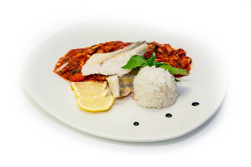 Fish Dish - Fried Fish Fillet White Rice and Vegetables Stock Photo ...