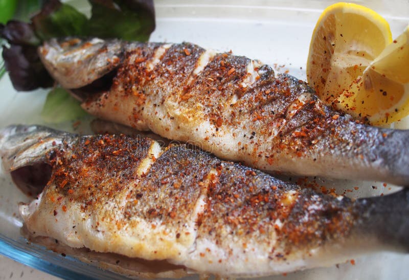 Fish Dish - Fried Seabass with Vegetables. Spain Stock Photo - Image of ...