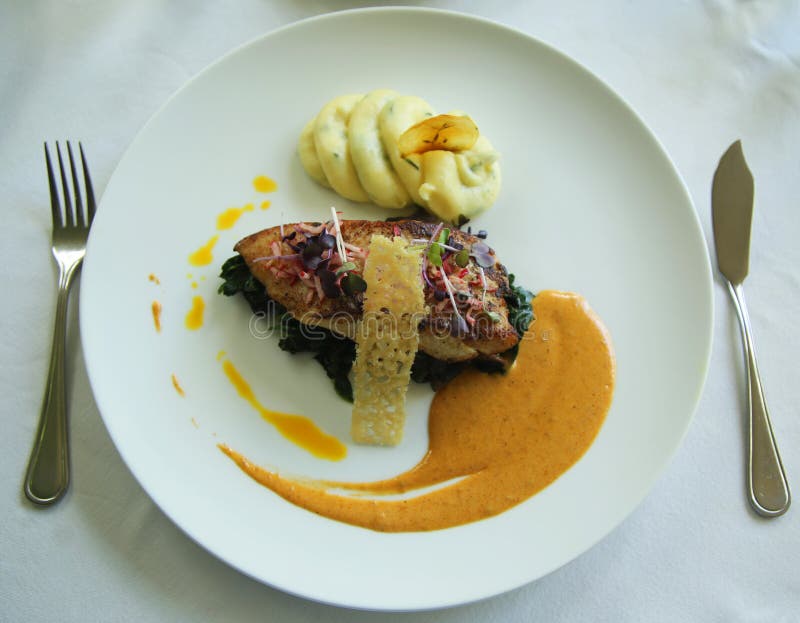Fish Dish Served in Gourmet Restaurant Stock Photo - Image of close ...
