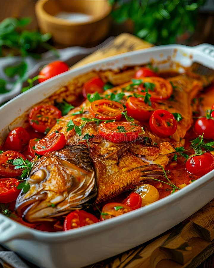 A Fish in a Dish with Tomatoes and Herbs Stock Image - Image of plate ...