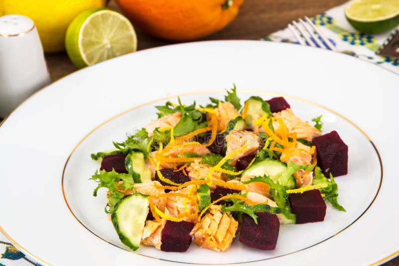 Fish Dishes, Salad with Salmon and Beets Stock Photo - Image of ...