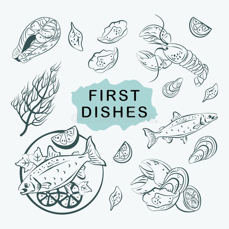 Fish Dishes Vector Sketch Hand Drawing in Illustration Stock Vector ...