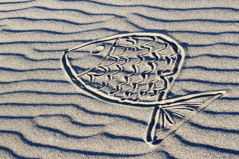 Fish drawn in the sand stock photo. Image of texture - 37210196