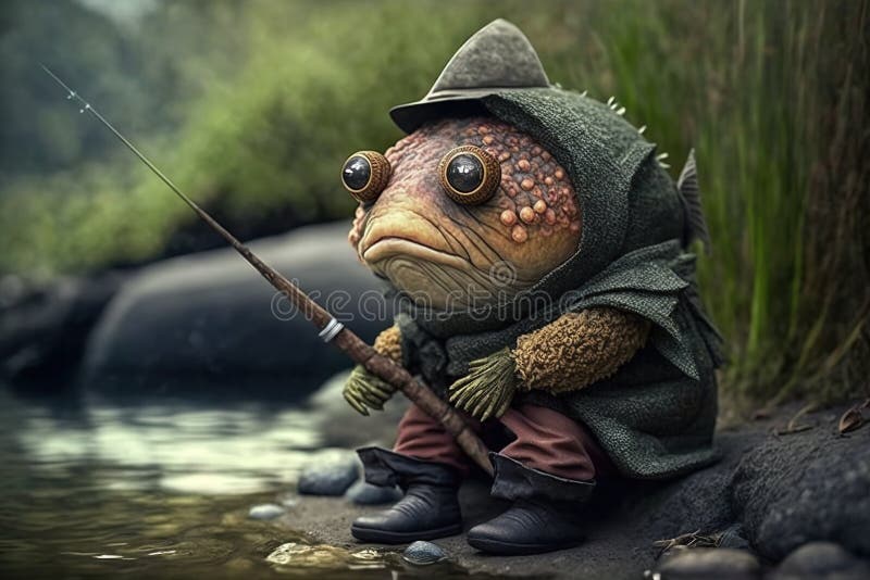 Fish Dressed As a Fisherman Sits on the River Bank, Created with ...