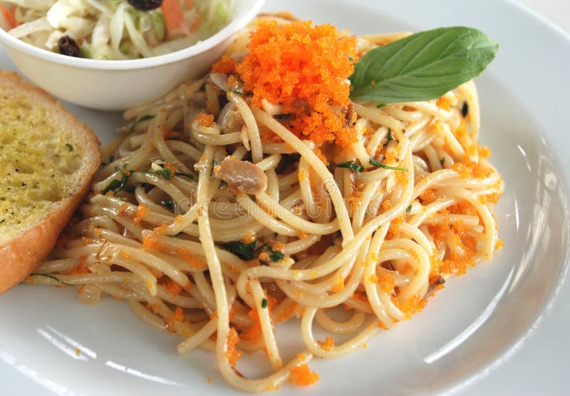 Fish Eggs Spaghetti Basil Sauce Stock Photo - Image of enjoy, authentic ...