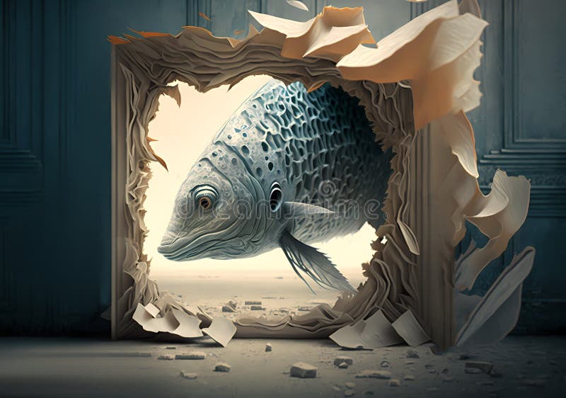 Fish Emerging from a Broken Picture Frame. Stock Image - Image of ...