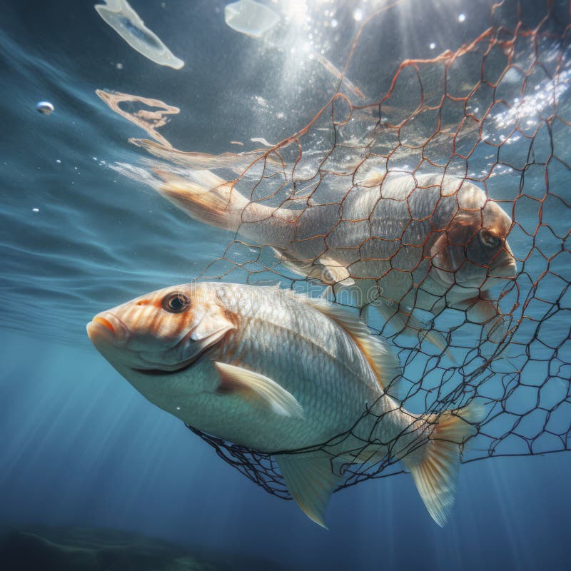 Fish Ensnared in Net Under Water Stock Illustration - Illustration of ...