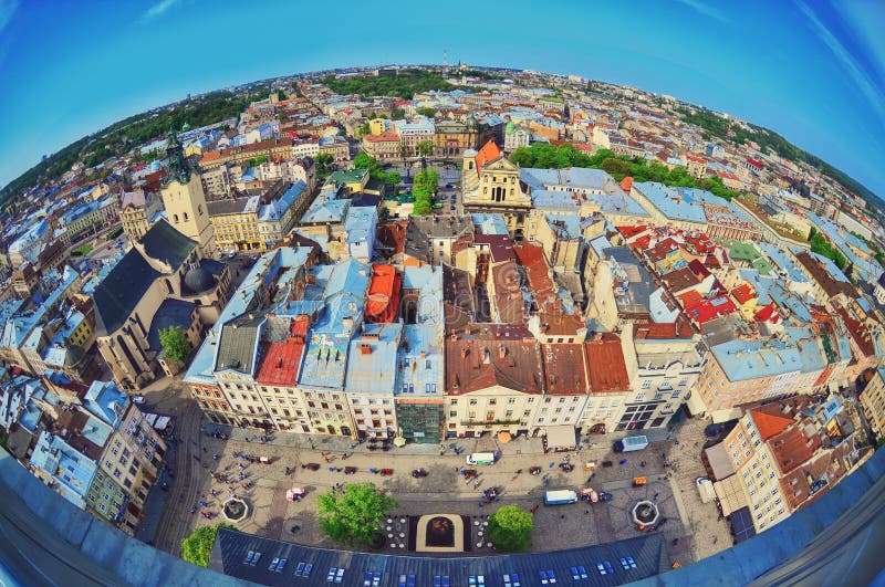 Fish-eye View of the City Lviv Birds Eye View Stock Photo - Image of ...