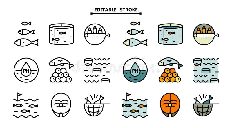 Fish Farm Icons Set. Editable Stroke. Flat Set of Fish Farm Vector ...