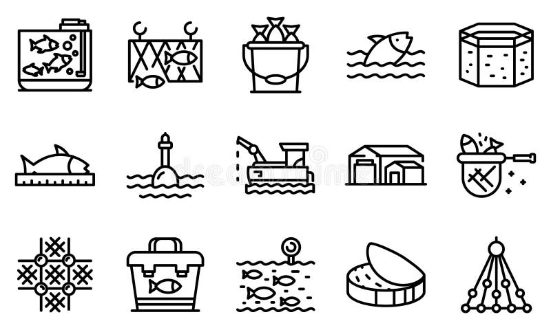 Fish Farm Icons Set, Outline Style Stock Vector - Illustration of ...