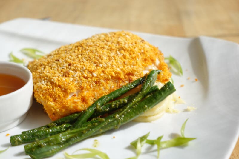 Fish Fillet , Chips and Potato Mash on Table Stock Photo - Image of ...