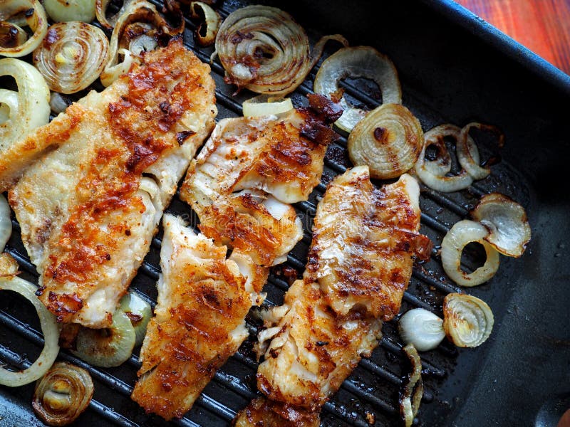 Fish Fillet Grilled with Onions Stock Photo - Image of healthy, meat ...