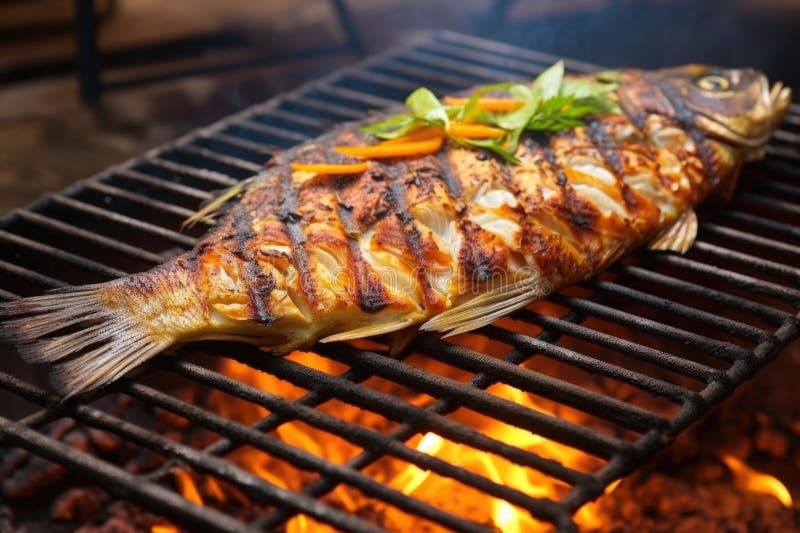 Fish Fillet Grilling on a Metal Grate Over the Open Fire Stock Image ...