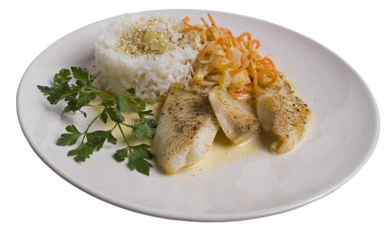 Fish Fillet and Rice on a Plate Stock Image - Image of cooked ...