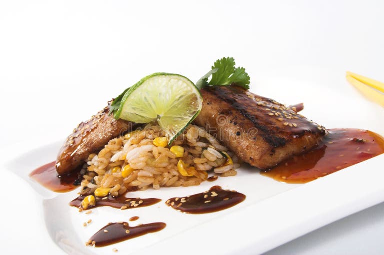 Fish Fillet with Soy Sauce and Rice Stock Image - Image of fillet ...