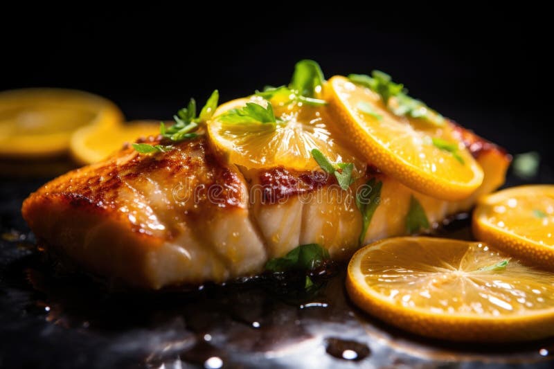 Fish Fillet with a Sticky Citrus Glaze Under Spotlight Stock ...