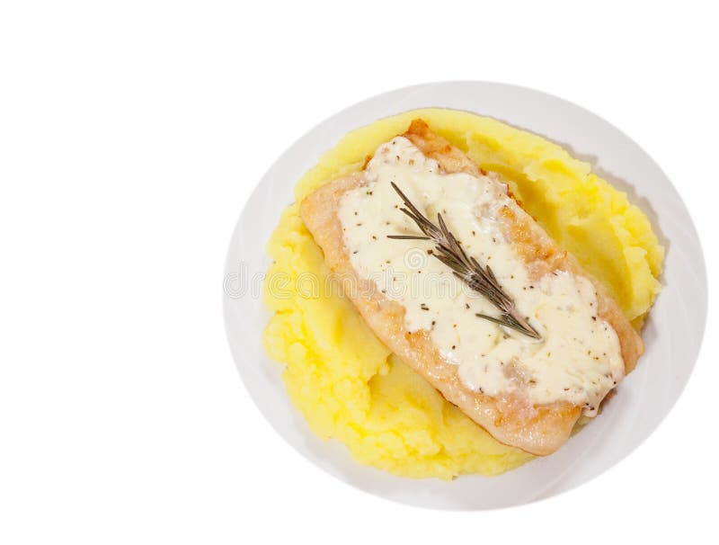 Fish Fillet Under Cheese with Mashed Potatoes. Top View Stock Photo ...