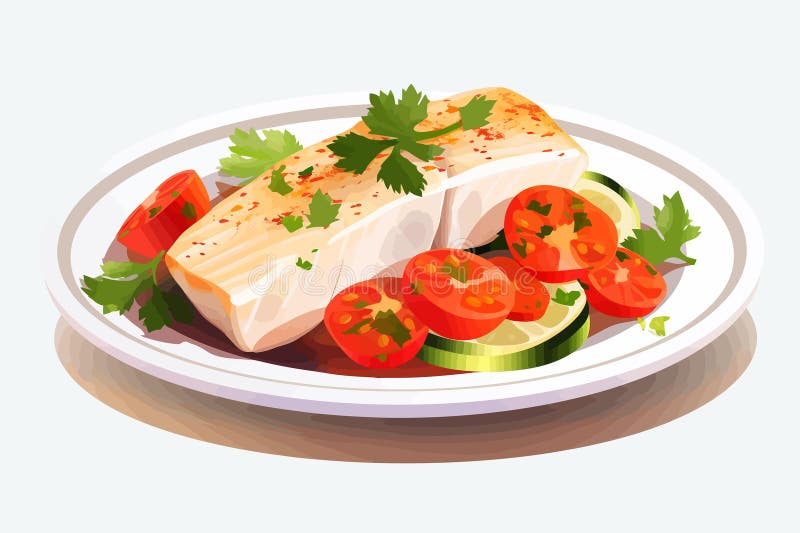 Fish Fillet with Vegetables on a White Plate Isolated Vector Style ...