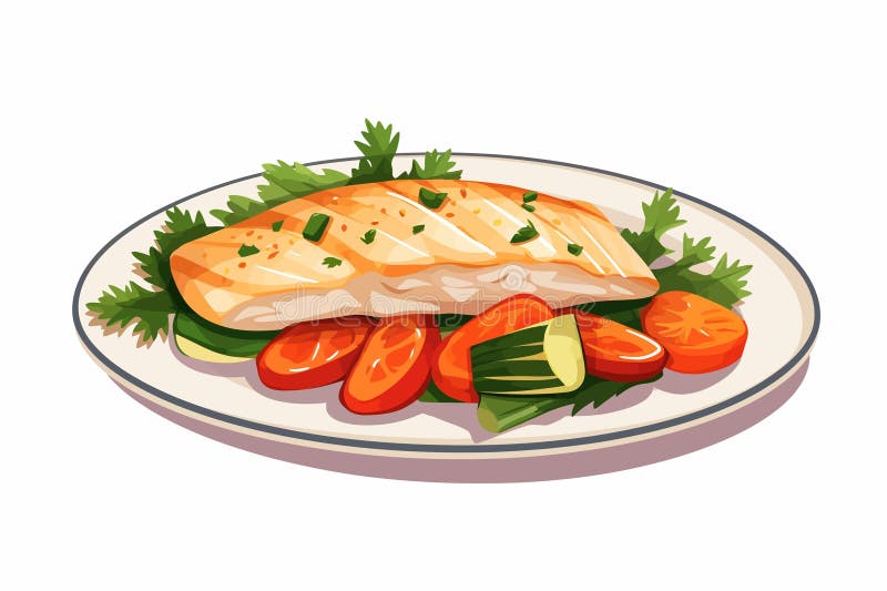 Fish Fillet with Vegetables on a White Plate Isolated Vector Style ...
