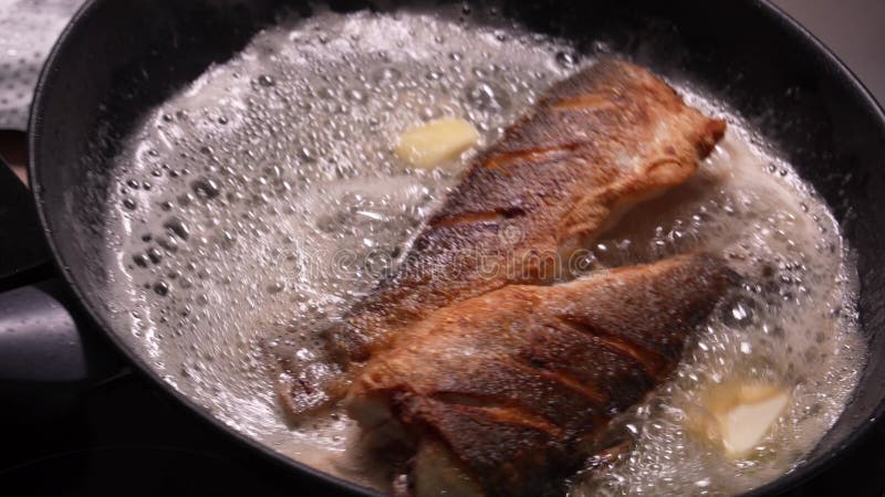 Fish Fillets Frying with Bubbling Butter. Stock Video - Video of ...