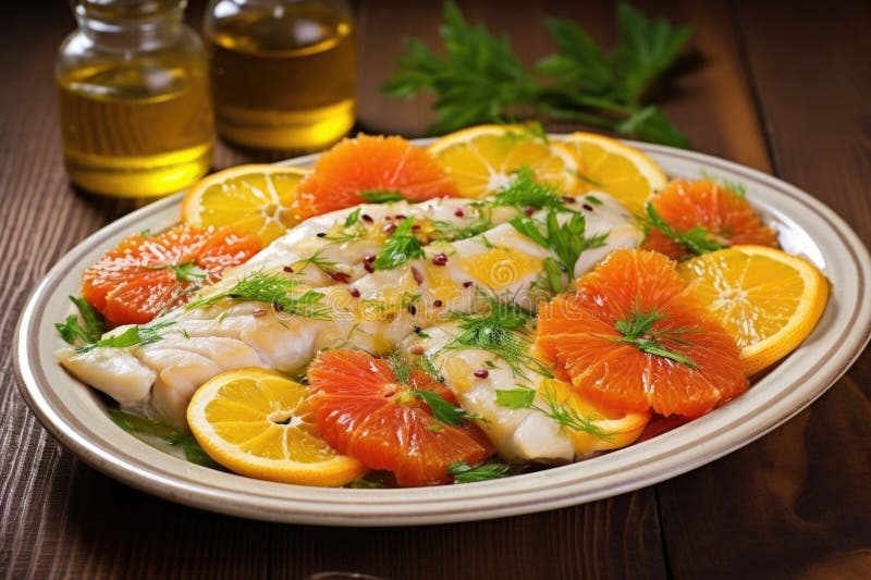 Fish Fillets Marinated with Assorted Citrus Fruits Stock Photo - Image ...