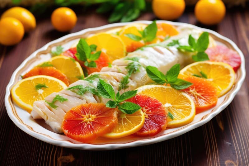 Fish Fillets Marinated with Assorted Citrus Fruits Stock Image - Image ...