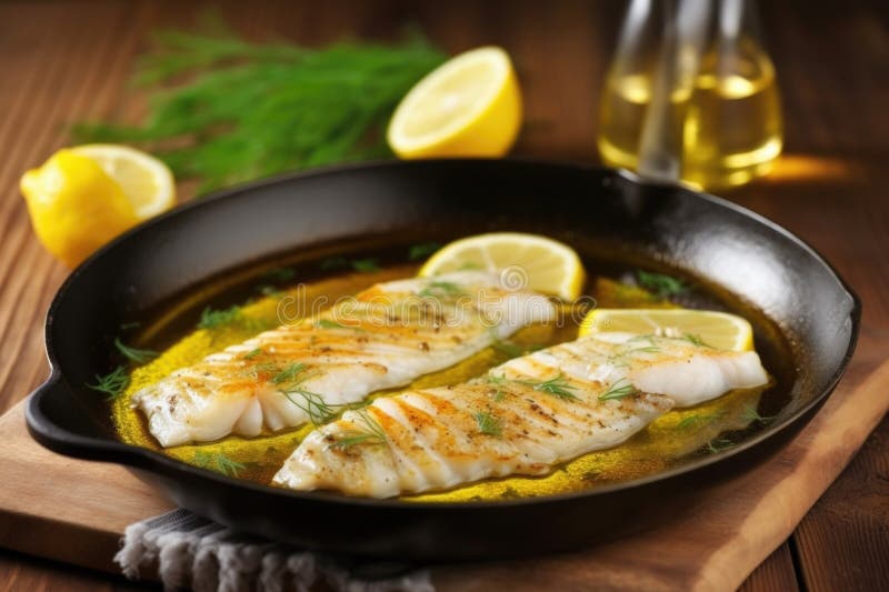 Fish Fillets with Spritz of Lemon Juice on a Skillet Stock Image ...