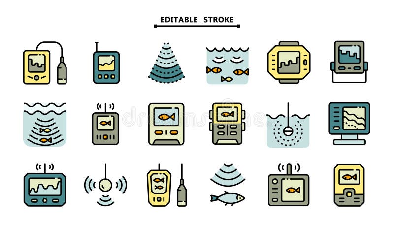 Fish Finder Icons Set. Editable Stroke. Depth Finder. Fish Searching ...