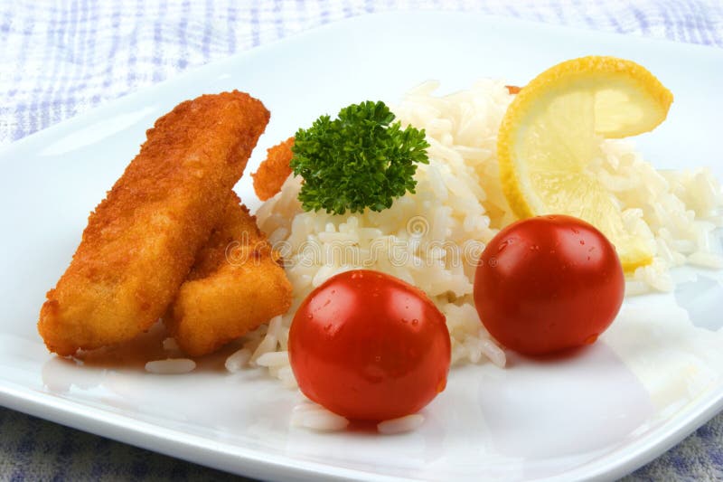Fish Fingers with Rice on a Plate Stock Photo - Image of slice, fish ...