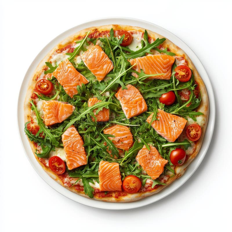 Fish Flatbread with Cherry Tomatoes, Arugula, and Mozzarella Stock ...