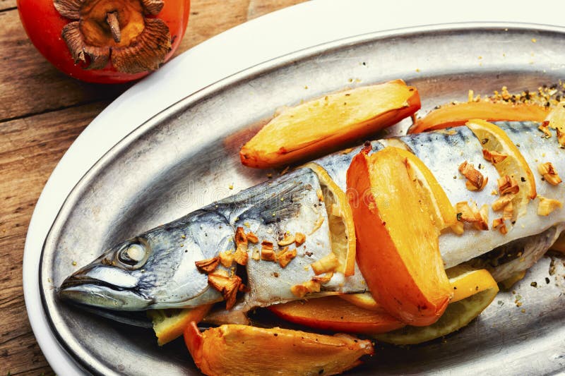 Baked Scomber Fish with Persimmon Stock Image - Image of gourmet, dish ...