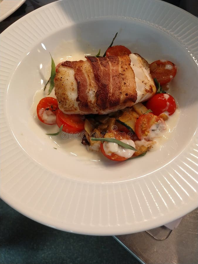 Fish Filet Bacon Tomato in Sauce Stock Image - Image of sauce, food ...