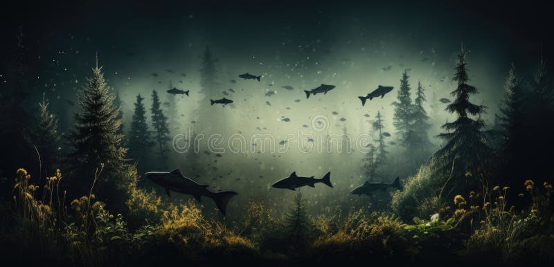 Fish in the Forest at Night with Trees and Plants, AI Stock Photo ...