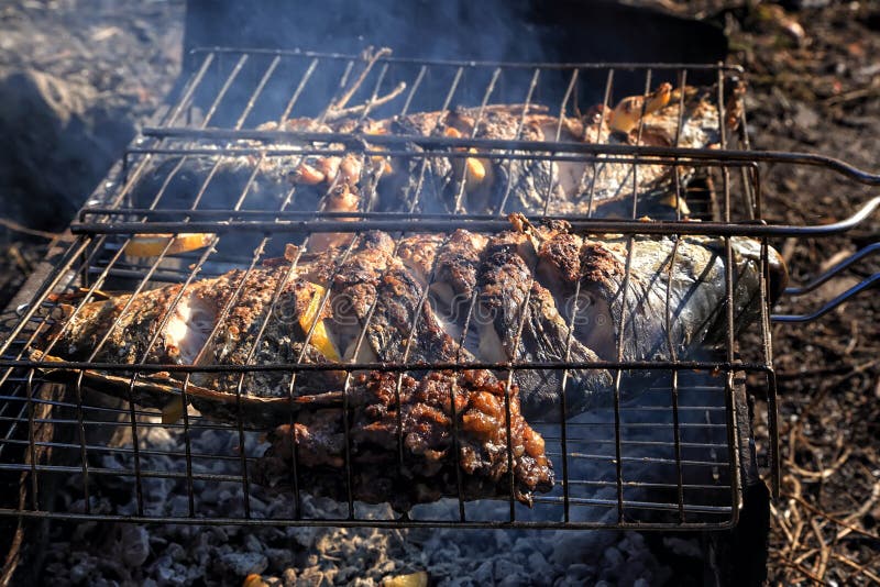 Fish Fried on the Grill Summer Outdoor Grill Smoke Stock Image - Image ...
