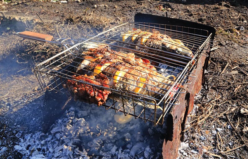 Fish Fried on the Grill Summer Outdoor Grill Smoke Stock Photo - Image ...