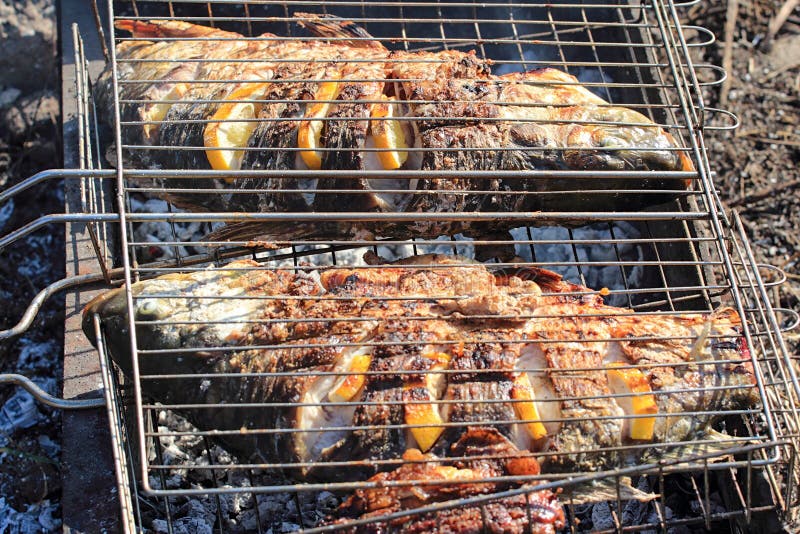 Fish Fried on the Grill Summer Outdoor Grill Smoke Stock Image - Image ...