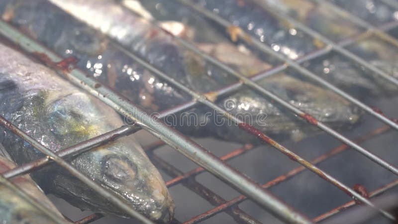 Fish fried at the stake stock video. Video of grill - 164107941