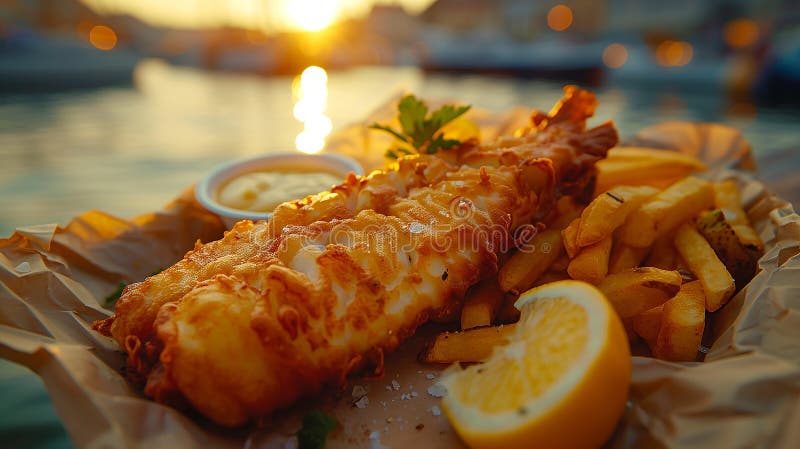 A Fish and Fries Dish with a Lemon on Top Stock Illustration ...