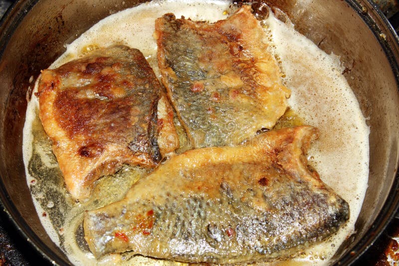 Fish frying in pan stock image. Image of omega3, fried - 70269703