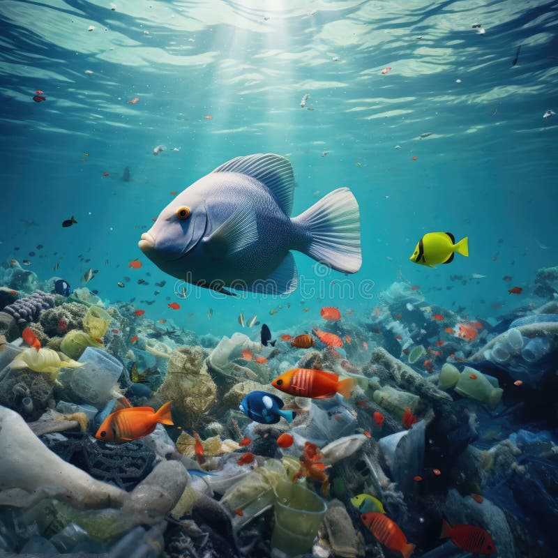 Fish in Garbage in the Ocean Stock Illustration - Illustration of life ...