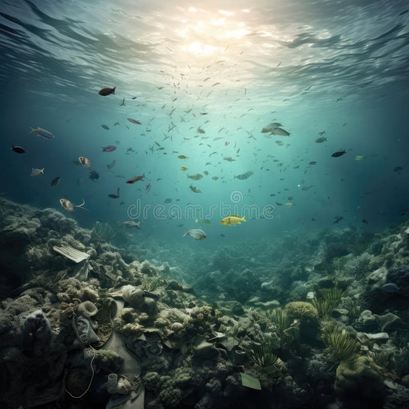 Fish in Garbage in the Ocean Stock Illustration - Illustration of ...