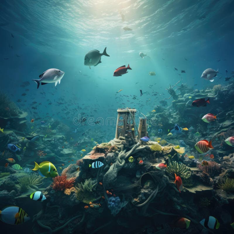 Fish in Garbage in the Ocean Stock Illustration - Illustration of ...